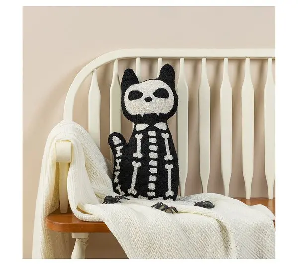 GLITZHOME 17h Halloween Spooky Skeleton Cat Hooked Pillow - One-color