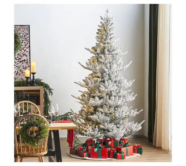 GLITZHOME 7.5' Led Prelit Flocked Fir Slim Faux Christmas Tree - One-color