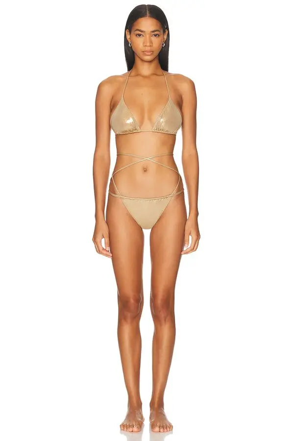 Norma Kamali Criss Cross Bikini Bra & Bottom In Metallic - Gold