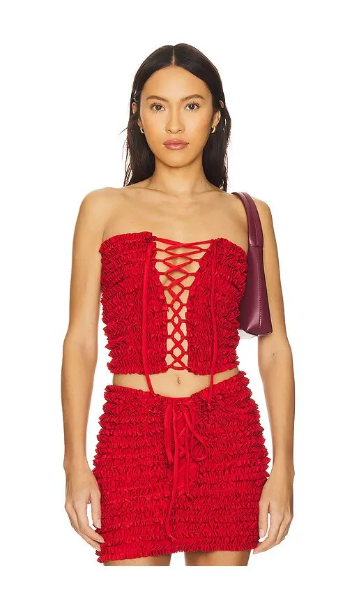 AMOR MIA Ruffled Lace-up Top - Red