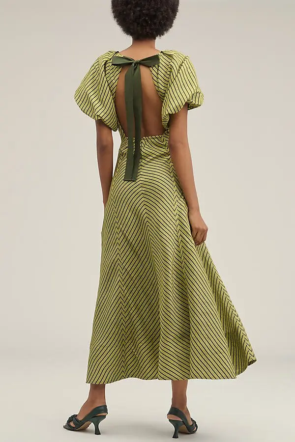 Lovaan Tess Linen Silk Puff-Sleeve Dress In Native Stripe - 38% Off |  Editorialist