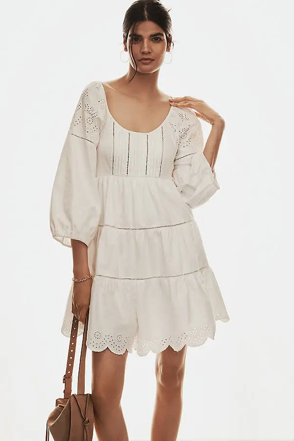 Anthropologie Balloon-Sleeve Lace Scallop-Hem Romper In White 33