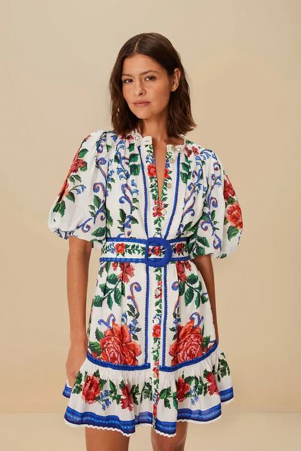 flower tapestry embroidered dress farm rio FARM RIO Embroidered Tapestry Blue Mini Dress – Pink Saloon