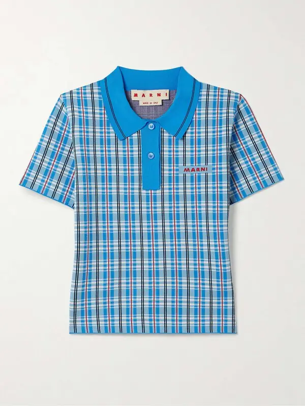 Marni Checked Jacquard-knit Polo Top - Bright Blue