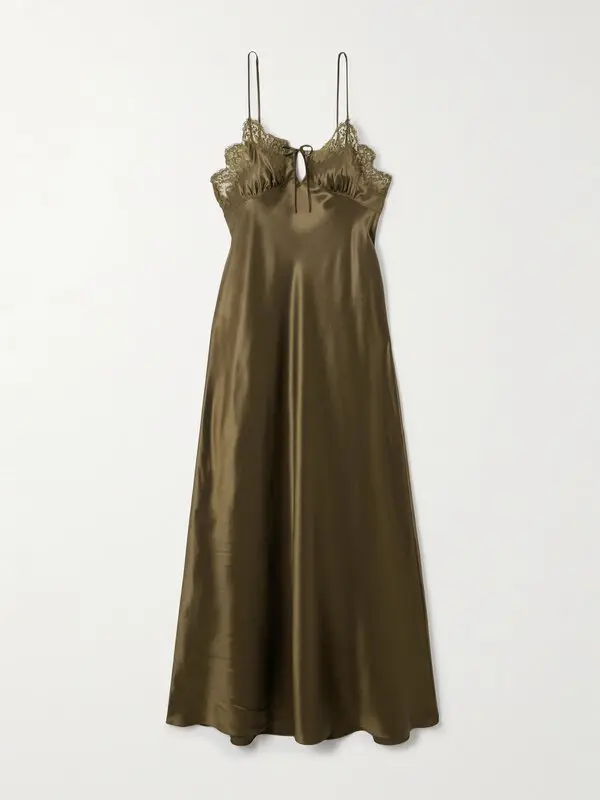 Saint Laurent Lace-trimmed Silk-satin Midi Dress - Green | Editorialist