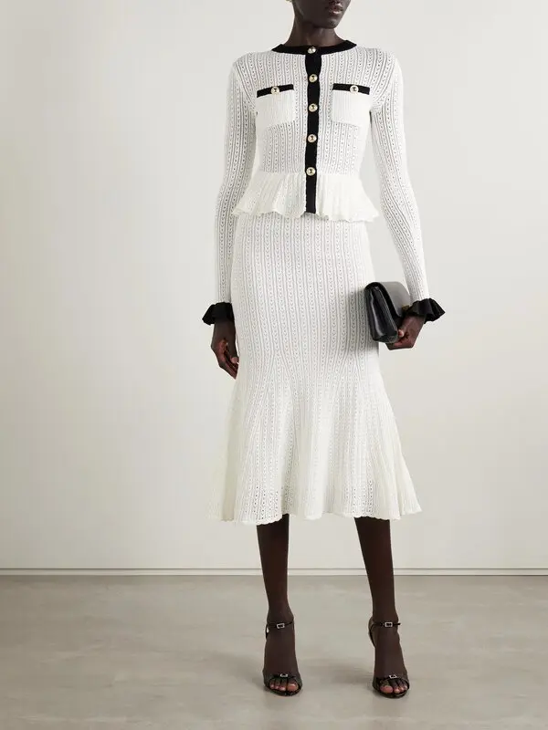 Self-Portrait Pointelle-Knit Peplum Midi Dress In White - 20% Off |  Editorialist