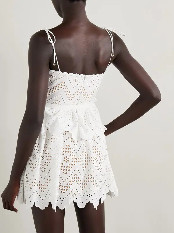 Self-Portrait Belted Scalloped Broderie Anglaise Cotton-Voile Mini Dress In  White - 30% Off | Editorialist