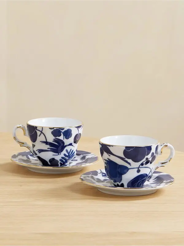 La DoubleJ Set Of Two Gold-plated Porcelain Teacups And Saucers - Blue