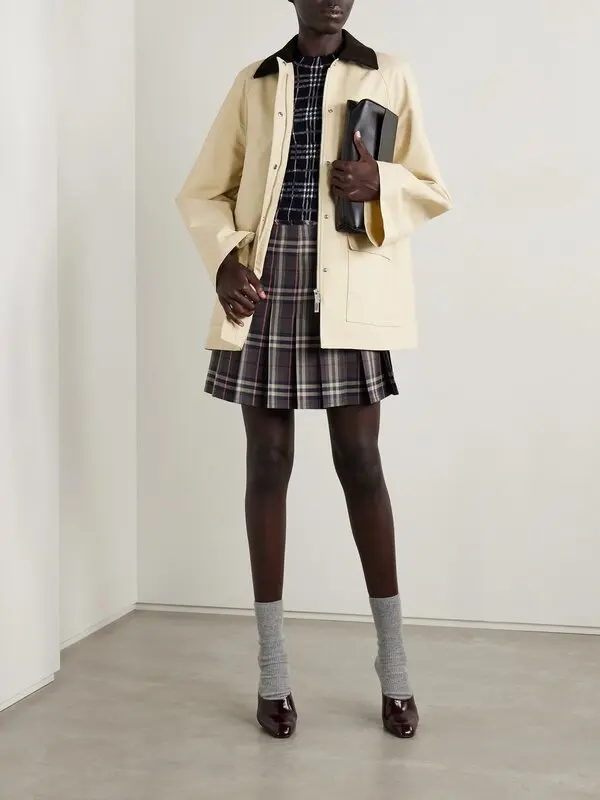Burberry Leather-trimmed Pleated Checked Wool Mini Skirt - Multi