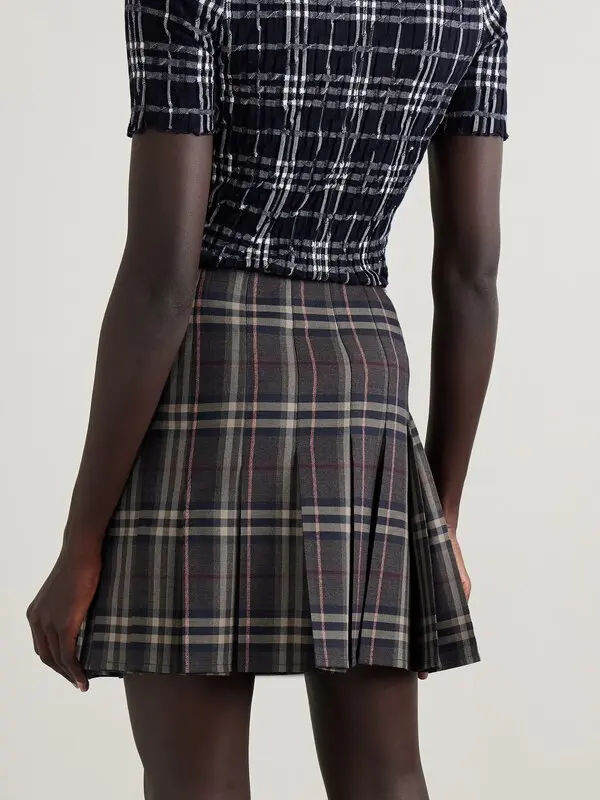 Burberry Leather-trimmed Pleated Checked Wool Mini Skirt - Multi