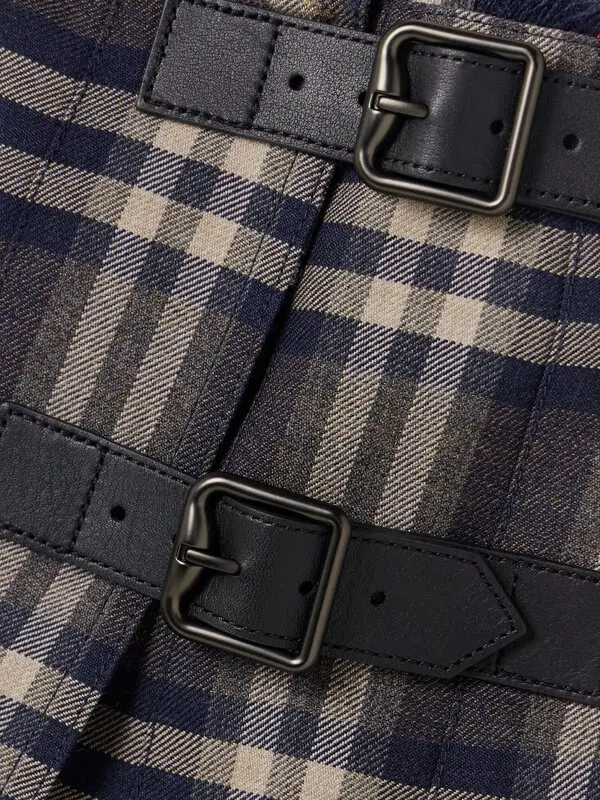 Burberry Leather-trimmed Pleated Checked Wool Mini Skirt - Multi