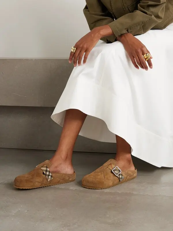 Burberry Urchin Canvas-jacquard Trimmed Textured-suede Clogs - Neutrals