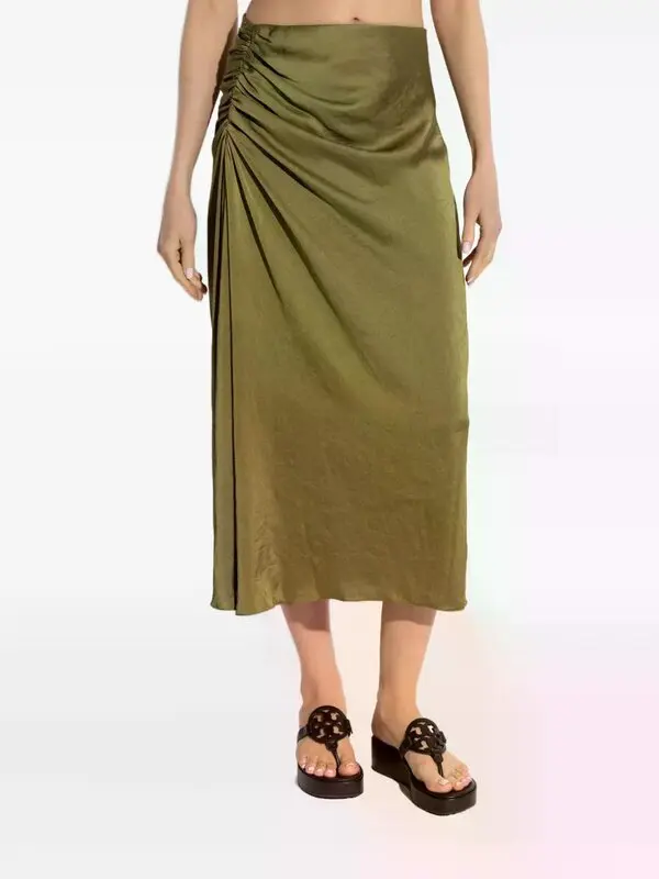 Theory Gathered Satin Midi Skirt - Green