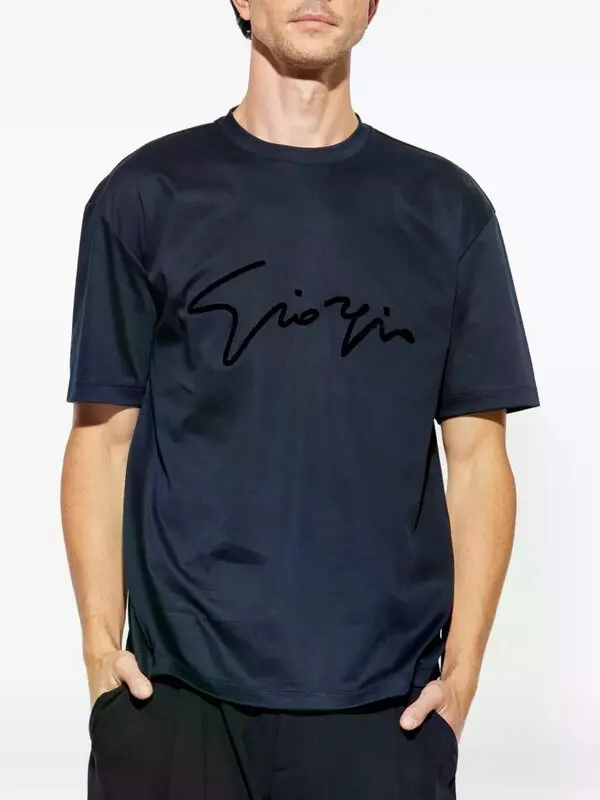 Giorgio Armani Signature-embroidered Cotton T-shirt - Blue