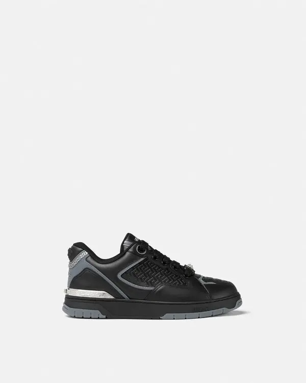 Versace Biggie Basket Leather Low Top Sneakers - Black+silver