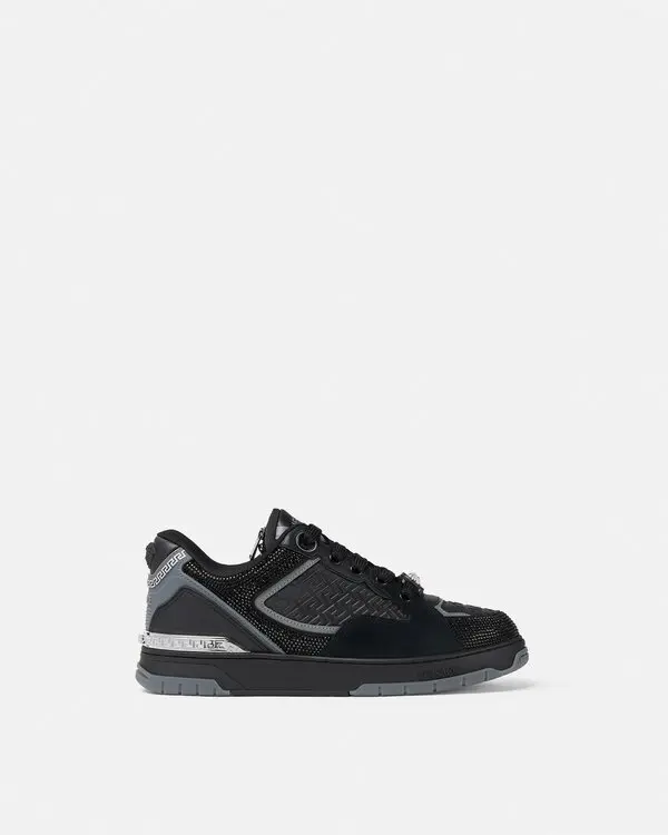 Versace Biggie Basket Embellished Leather Sneakers - Black+silver