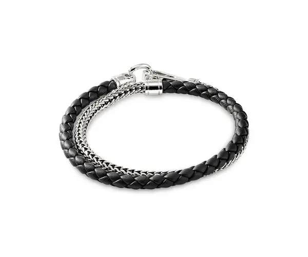 John Hardy Sterling Silver Icon Braided Leather Double Wrap Bracelet - Black