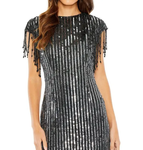 Mac Duggal Embellished Fringe Gown