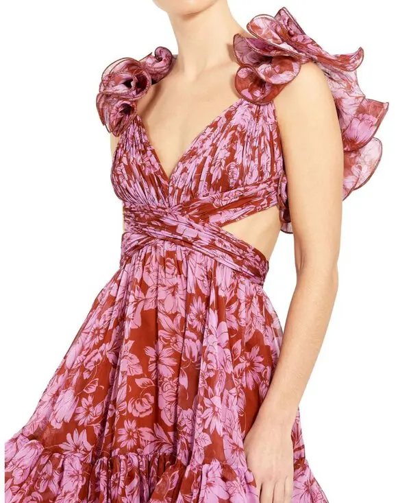 white christmas dresses Mac Duggal Ruffle Tiered Floral Cut-Out Chiffon Gown - Pink Multi