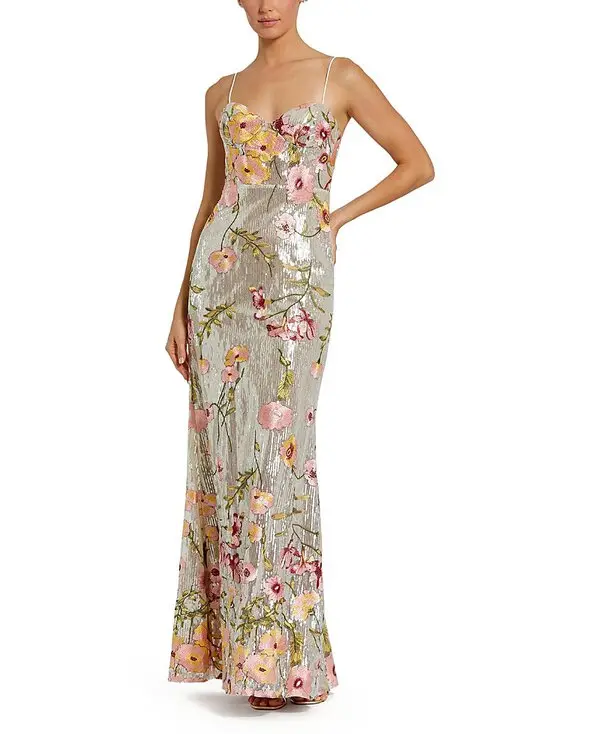 Mac Duggal Sleeveless Bustier Floral Applique Gown - Silver Multi