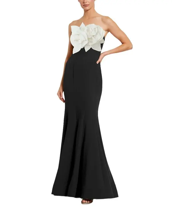 Mac Duggal Crepe Strapless Mermaid Gown With 3d Flowers - Black Ivory