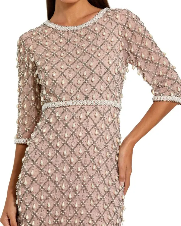 Mac Duggal Pearl Embellished Mesh Gown With Bateau Neckline - Light Rose