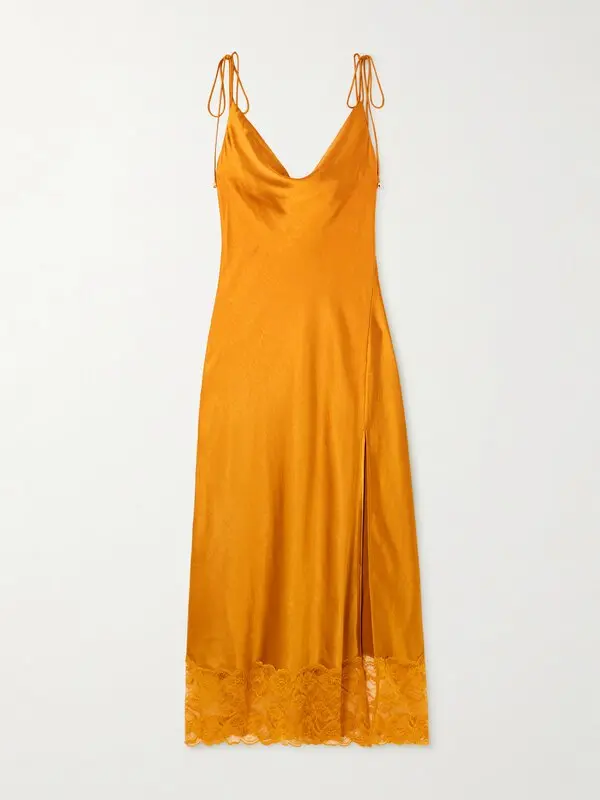 SELF-PORTRAIT Lace-trimmed Satin Midi Dress