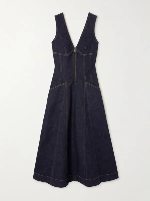 SELF-PORTRAIT Paneled Denim Midi Dress - Blue