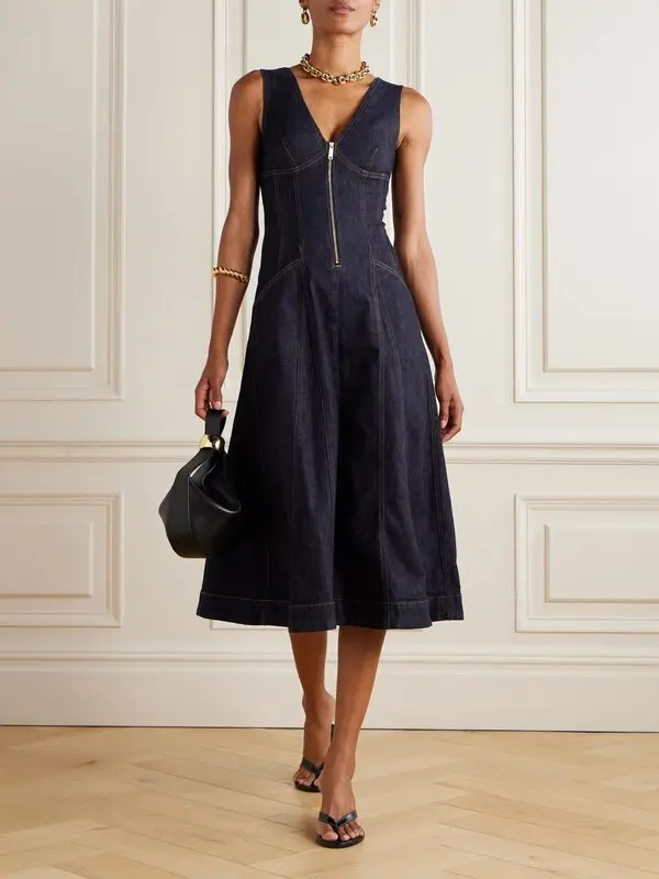 SELF-PORTRAIT Paneled Denim Midi Dress