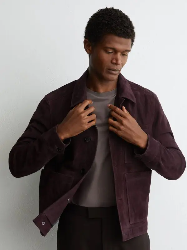 REISS Wilstead Suede Button-through Trucker Jacket - Red