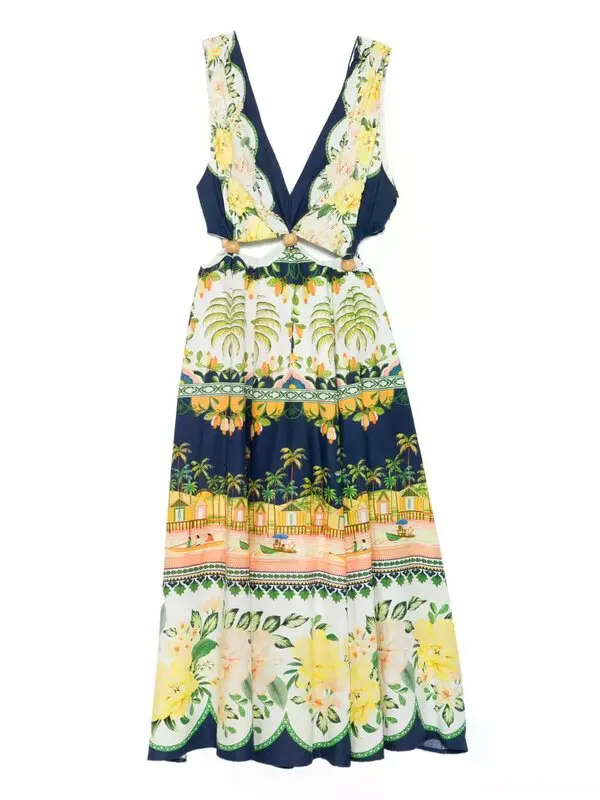 Farm Rio Floral Cut-out Midi Dress - Blue
