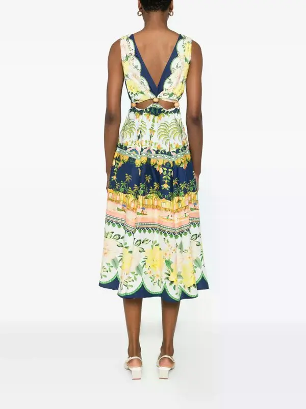 Farm Rio Floral Cut-out Midi Dress - Blue