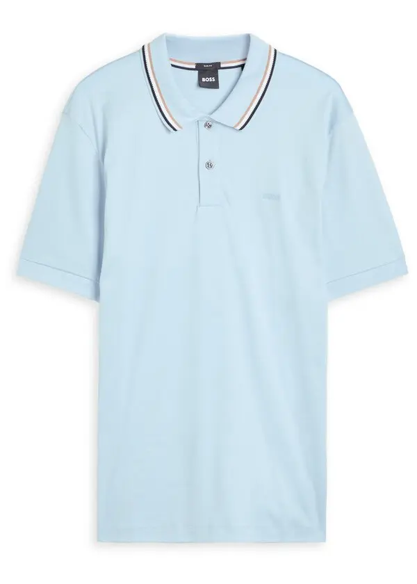 BOSS Stripe-trimmed Cotton Polo Shirt - Light Blue
