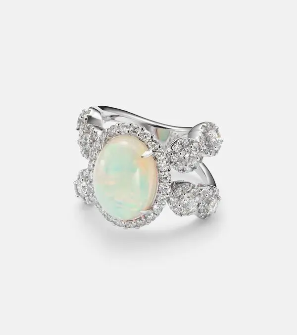 Yeprem 18kt White Ring With Diamonds And Opal - Gold