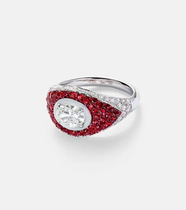 KAMYEN 18kt White Gold Pinky Ring With Diamonds And Rubies - Silver