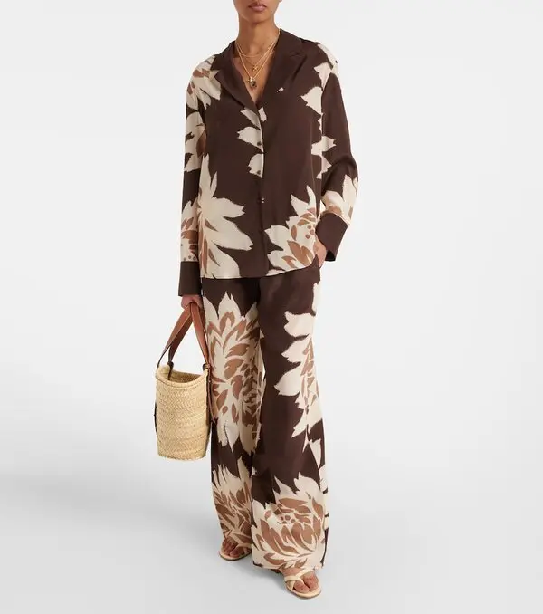 SIR. Floral Silk Satin Wide-leg Pants - Brown