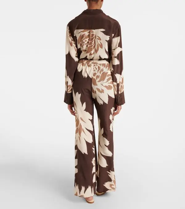 SIR. Floral Silk Satin Wide-leg Pants - Brown