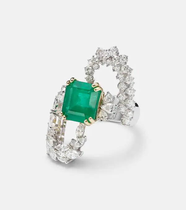 Yeprem Reign Supreme 18kt White Gold Ring With Emerald And Diamonds - Silver