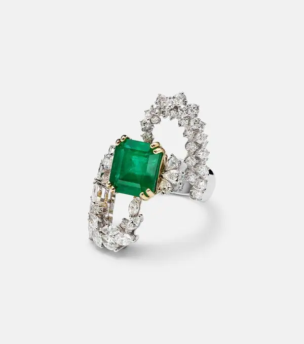 Yeprem 18kt White Gold Ring With Emerald And Diamonds - Silver