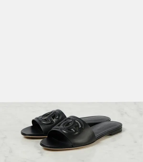 Dolce & Gabbana Leather Slides With Tone Hardware - Black