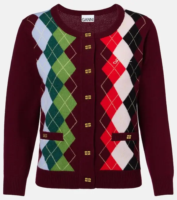 GANNI Argyle Wool And Cashmere Cardigan - Burgundy