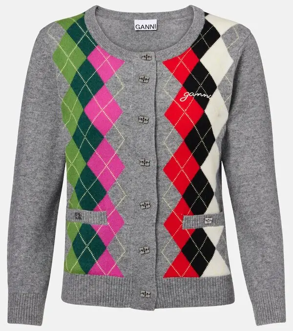 GANNI Argyle Wool And Cashmere Cardigan - Grey