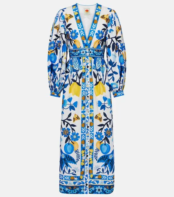 chinese dress ladies Blue Flower Richelieu Euroflax™ Premium Linen Midi Dress – FARM Rio main image 0