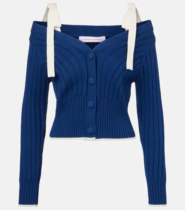 Carolina Herrera Bow-detail Cotton And Wool Cardigan - Blue