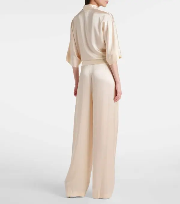 THE SEI Cropped Silk Satin Wrap Blouse - Beige