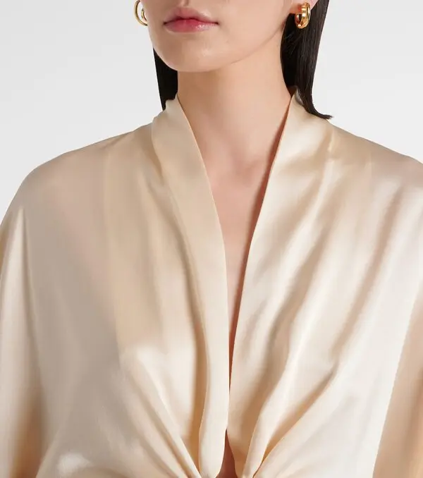 THE SEI Cropped Silk Satin Wrap Blouse - Beige
