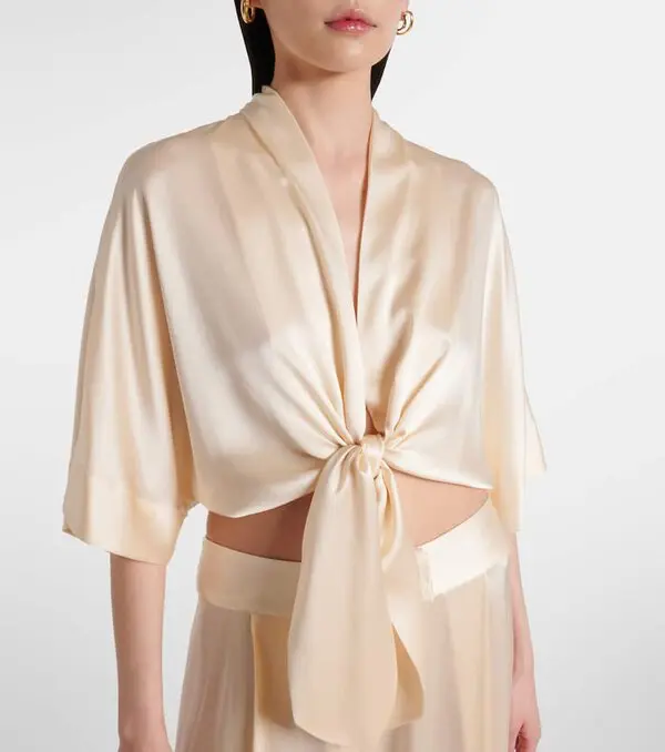 THE SEI Cropped Silk Satin Wrap Blouse - Beige