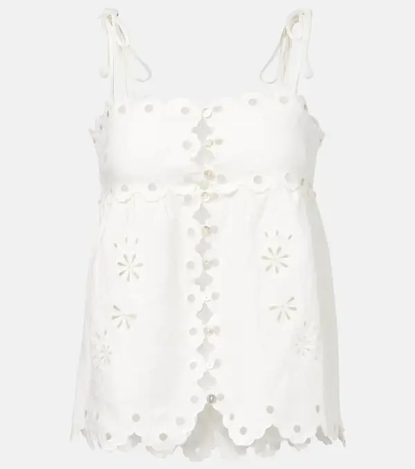 Farm Rio Embroidered Cutout Linen Top