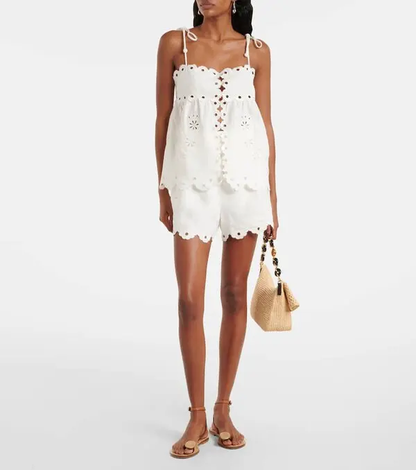Farm Rio Embroidered Cutout Linen Top