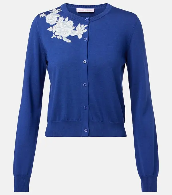 Carolina Herrera Embroidered Silk And Cotton Cardigan - Blue